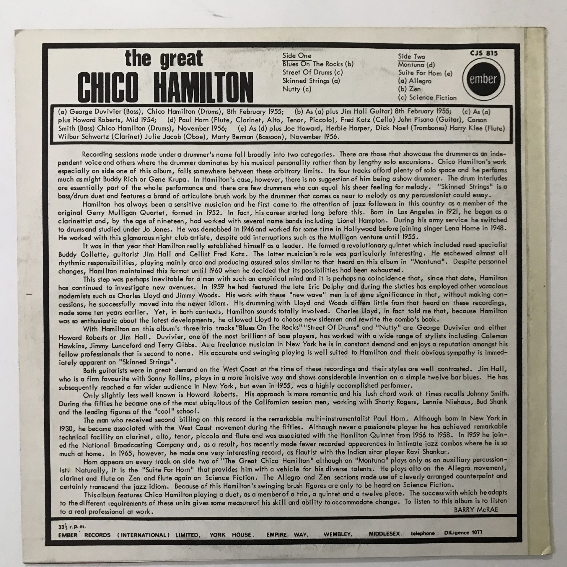 Chico Hamilton Featuring Paul Horn – The Great Chico Hamilton Plak, CD ...